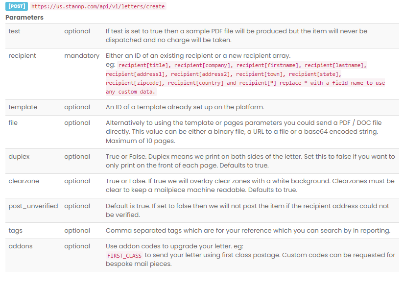 How to send a letter through API